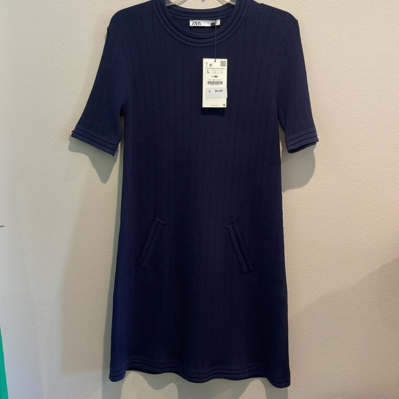 Zara | Dresses | Zara Navy Blue Gold Button Knitmini Dress Above Knee ...